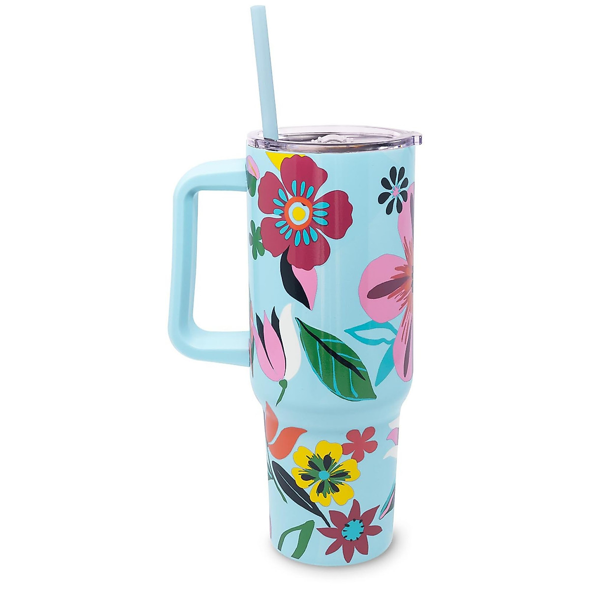 kate spade new york 40 Ounce Tumbler with Handle and Straw, Double Wall Stainless Steel Insulated Cup, Cupholder Friendly 40 oz Cup, Metal Drinking Cup for Hot or Cold Drinks (Safari Floral)