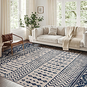 Art&Tuft 9x12 Area Rug, Super Soft Ultra-Thin Moroccan Washable Rug, Anti-Slip Backing Area Rugs 9x12 Living Room, Foldable Geometric Machine Washable Area Rug(9'x12', Blue)