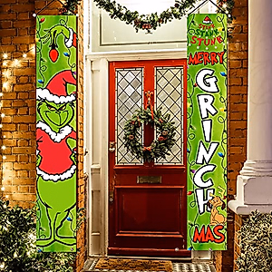 Grinch Christmas Decorations Grinch Porch Sign Door Banner Merry Grinchmas Theme Photography Yard Sign Banner Supplies For Home Office Fireplace Christmas New Year Party Decorations