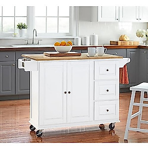 MAISON ARTS Storage Kitchen Island on Wheels with Drop Leaf Rolling Kitchen Cart with 2 Doors & 3 Drawers Rubber Wood Countertop, White