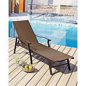 VredHom Outdoor Chaise Lounge Chair, Patio Chaise 5 Position Adjustable Backrest Recliner Ergonomic Armrest All Weather Textiline Aluminum Reclining Chairs for Patio, Beach, Yard, Pool，Brown