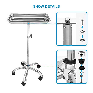 Konmee Upgraded Mayo Instrument Stand with Mobile 5 Caster Base Mobile Medical Doctor Tattoo Spa Salon Service Instrument Procedure Trays with Lift Out Work Tray
