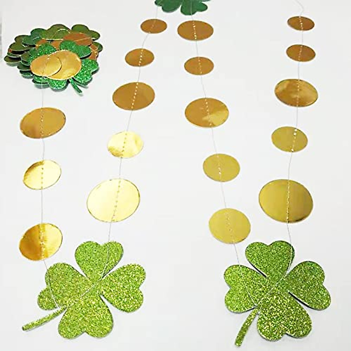 Pink Forest Glitter Green Shamrock Clover Garland with Gold Circle Dots Hanging Streamer for Irish St Patrick’s Day Decoration Spring Baby Shower Birthday Party Supplies