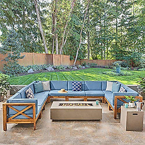 Great Deal Furniture GDFStudio Outdoor Acacia Wood 10 Seater U-Shaped Sectional Sofa Set with Fire Pit, Teak, Blue and, Light Gray