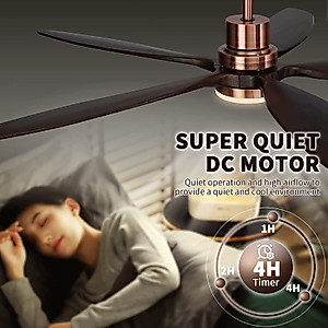 KAPOEFAN 60" Ceiling Fan with Light and Remote,Reversible DC Motor,6Speed,Modern Natural Wood Ceiling Fan with Dimmable LED for Outdoor Patios Bedroom Living Room,Black Walnut and Red Brass