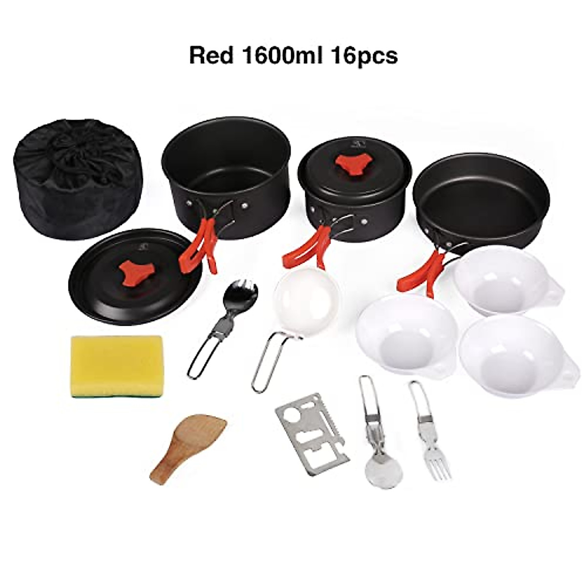 REDCAMP 16 PCS Camping Cookware Mess Kit, Backpacking Cooking Set for 3-4 Persons, Anodized Aluminum, Compact Lightweight Camping Pots and Pans Set