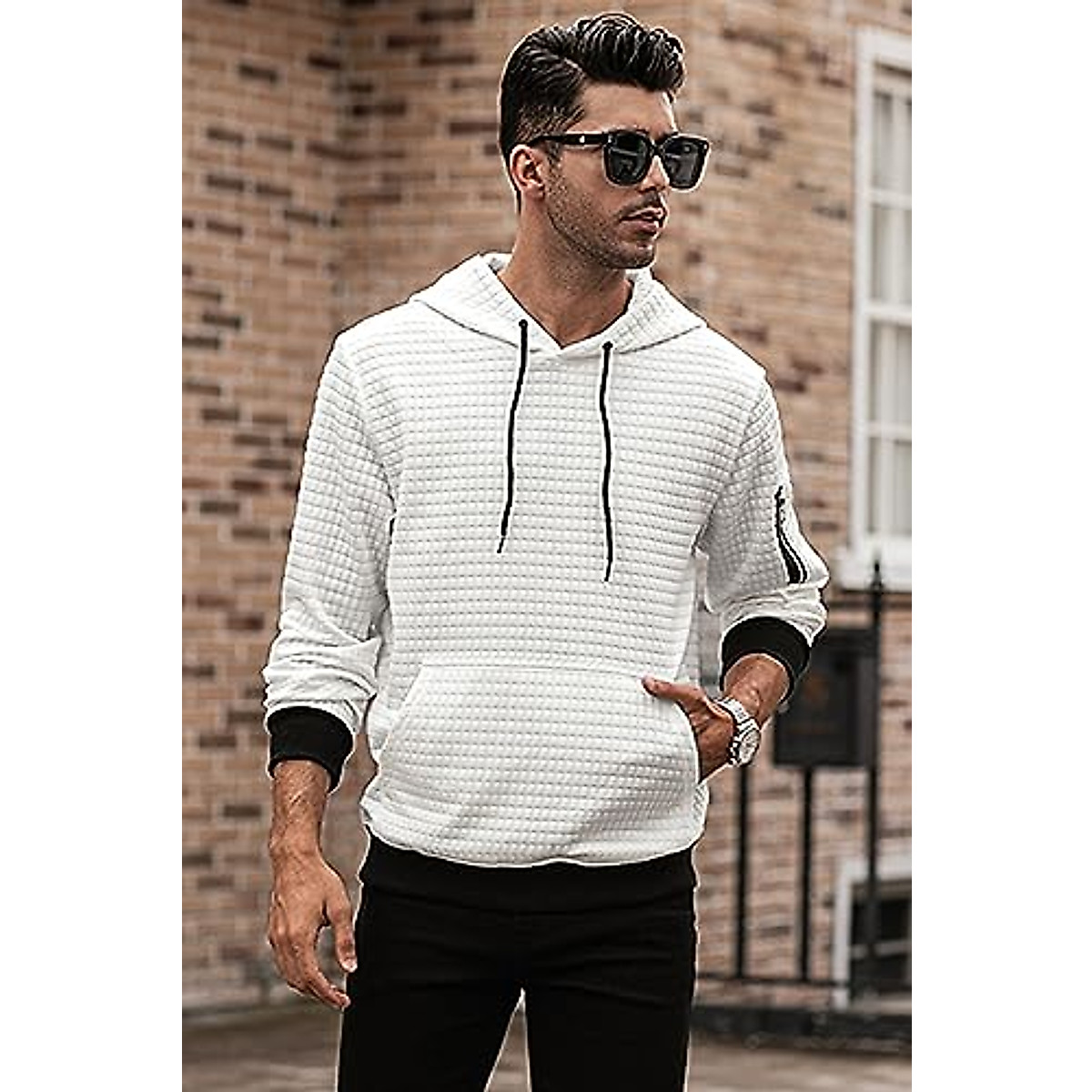 JMIERR Hoodies for Men Pullover Casual Plaid Jacquard Drawstring Long Sleeve Hooded Waffle Knit Sweatshirts, US 40(M), White
