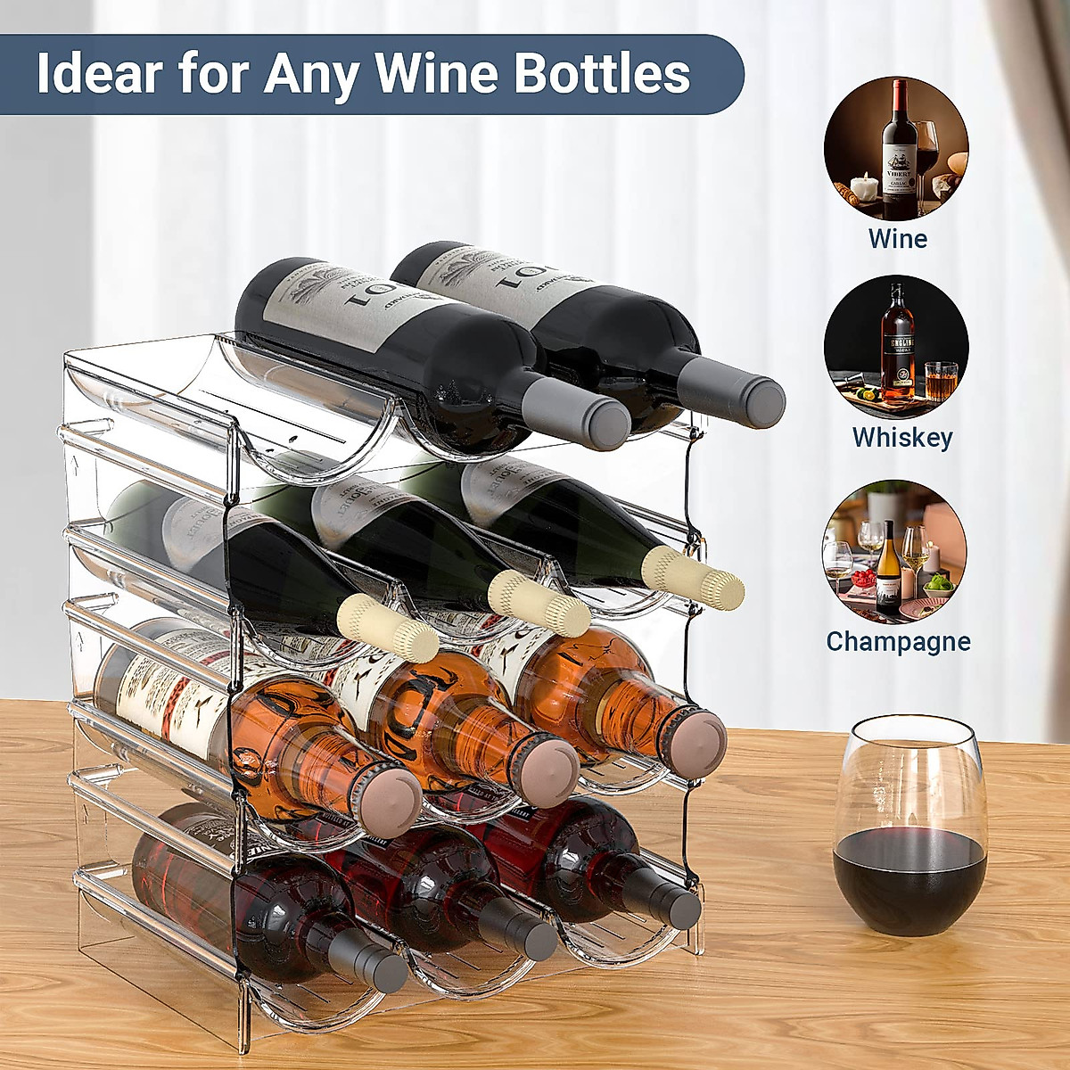 Plastic Water Bottle Organizer and Wine Rack Storage Holder,4 Tier 12 Containers Stackable Free-Standing Bottle Storage Rack for Kitchen Countertops, Table Top, Pantry, Bars, Cabinets, Fridge - Clear