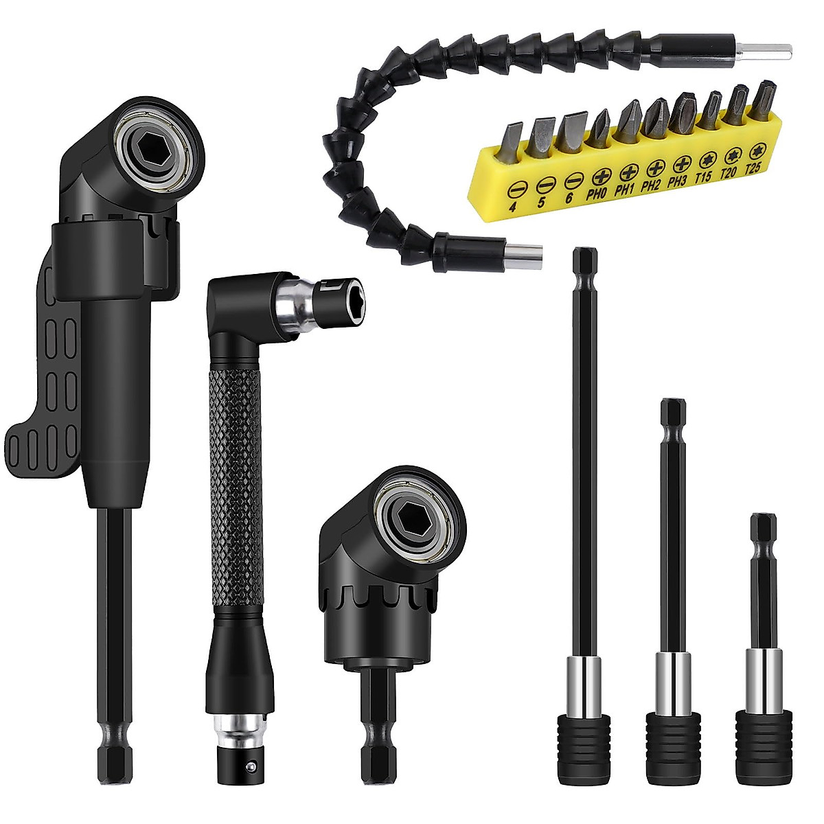 17 Pcs Flexible Drill Bit Extension, Include 2 Pcs Hex Shank 105° Right Angle Drill Attachment 3Pcs Drill Bit Holder 10 Short Screwdriver Bits 90° Angled Bits and Bendable Drill Bit Extension