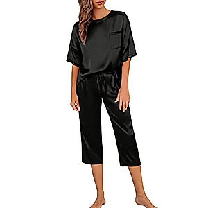 SWOMOG Womens 2 Piece Satin Pajamas Silk Short Sleeve Pjs Sets Capri Bottom Pajama Pants Soft Outfits with Pockets Black
