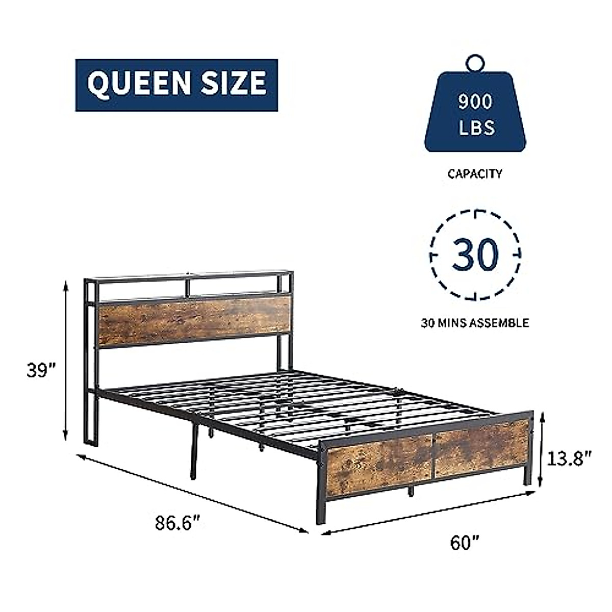 AnwickNomo Queen Size Bed Frame with Built-in LED Lights & USB Ports, Elegant Noise-Free Design, Platform Bed with Storage Headboard, Mattress Base, No Box Spring Required (Queen)