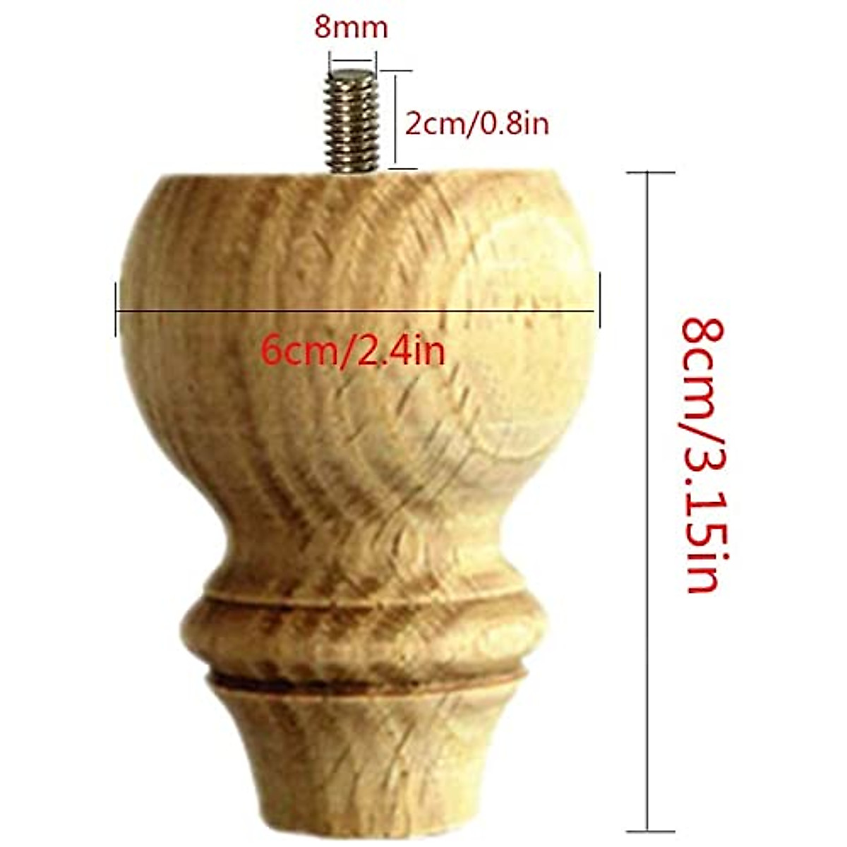 Set of 4 Solid Wood Furniture Legs, Crude Wood Feet in Rubberwood, M8 Threaded Rod Sofa Feet,for Cabinet Couch TV Stand (Color : 8cm/3.15inch)