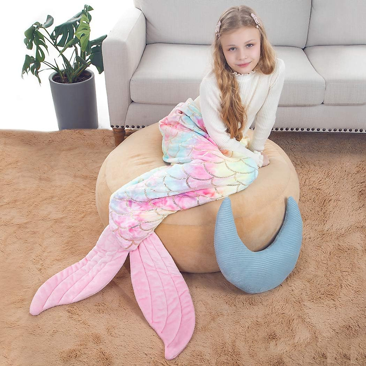 COSUSKET Mermaid Tail Blanket, Mermaid Blanket for Girls, All Seasons Soft Premium Colorful Fish Scale Design Snuggle Blanket