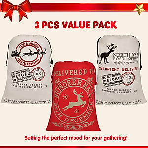 JOYIN 3 Santa Burlap Sack Christmas Gift Bags with Drawstring 26" x 19" for Large Xmas Package Storage, Event Party Supplies, Christmas Party Favors.
