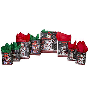 42-Pc. Chalkboard Snowman Gift Bag Set - Unique Winter Christmas Design for Kids and Adults - 14 Small, Medium, and Large Bags with 28 Red and Green Tissue Papers - Best for Presents and Party Favors