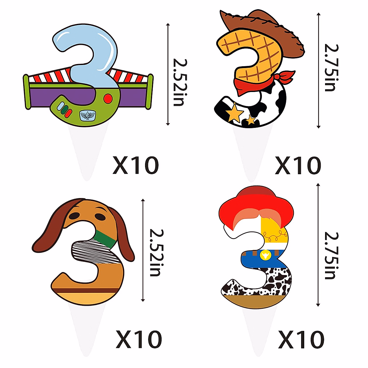 40pcs Cartoon Story Cupcake Toppers 3rd Birthday Decorations for Boys Girls 3rd Birthday Party Supplies