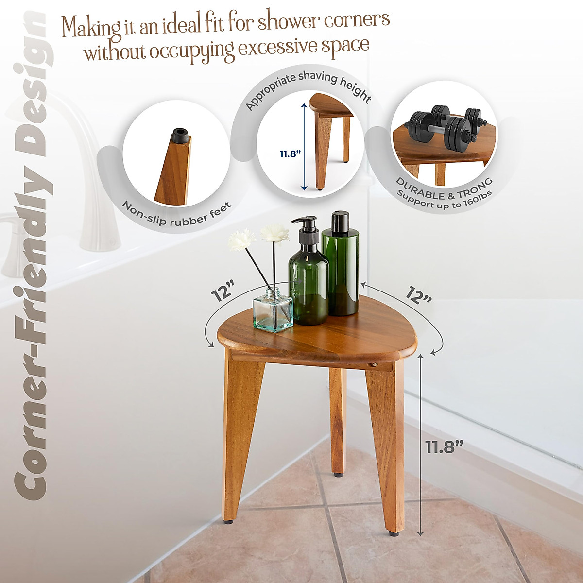 BLUEWEST Shower Foot Stool for Shaving Legs, Acacia Wood Shower Foot Rest, Bathroom Foot Step Stool for Inside Shower, Shower Bench, Corner Shower Stool for Small Shower Spaces (Natural Acacia)