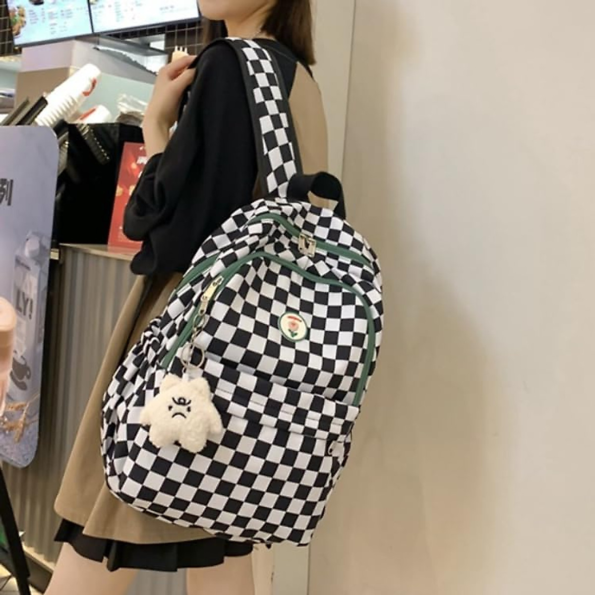 MININAI Cute Checkered Backpack Fit 15.6 Inch Laptop Checkerboard Light Academia Aesthetic Kawaii Preppy Y2k Backpack (Black,One Size)