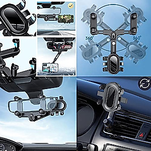 WOCRAFT Rearview Mirror Phone Holder for Car 360° Rotatable and Retractable Car Phone Holder with Air Vent Clip for All Mobile Phones and All Car M741