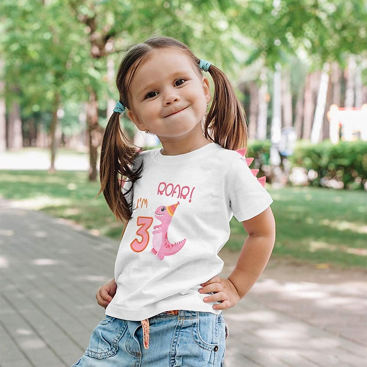 AMZTM 3rd Birthday Girl T-Shirt Dinosaur Party B-Day Themed Tee Gift for Toddler (US, Age, 4 Years, White)