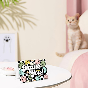Whaline 24 Pack Groovy Thank You Cards Checkerboard Smile Face Thank You Note Cards with Envelopes Stickers for Baby Shower Birthday