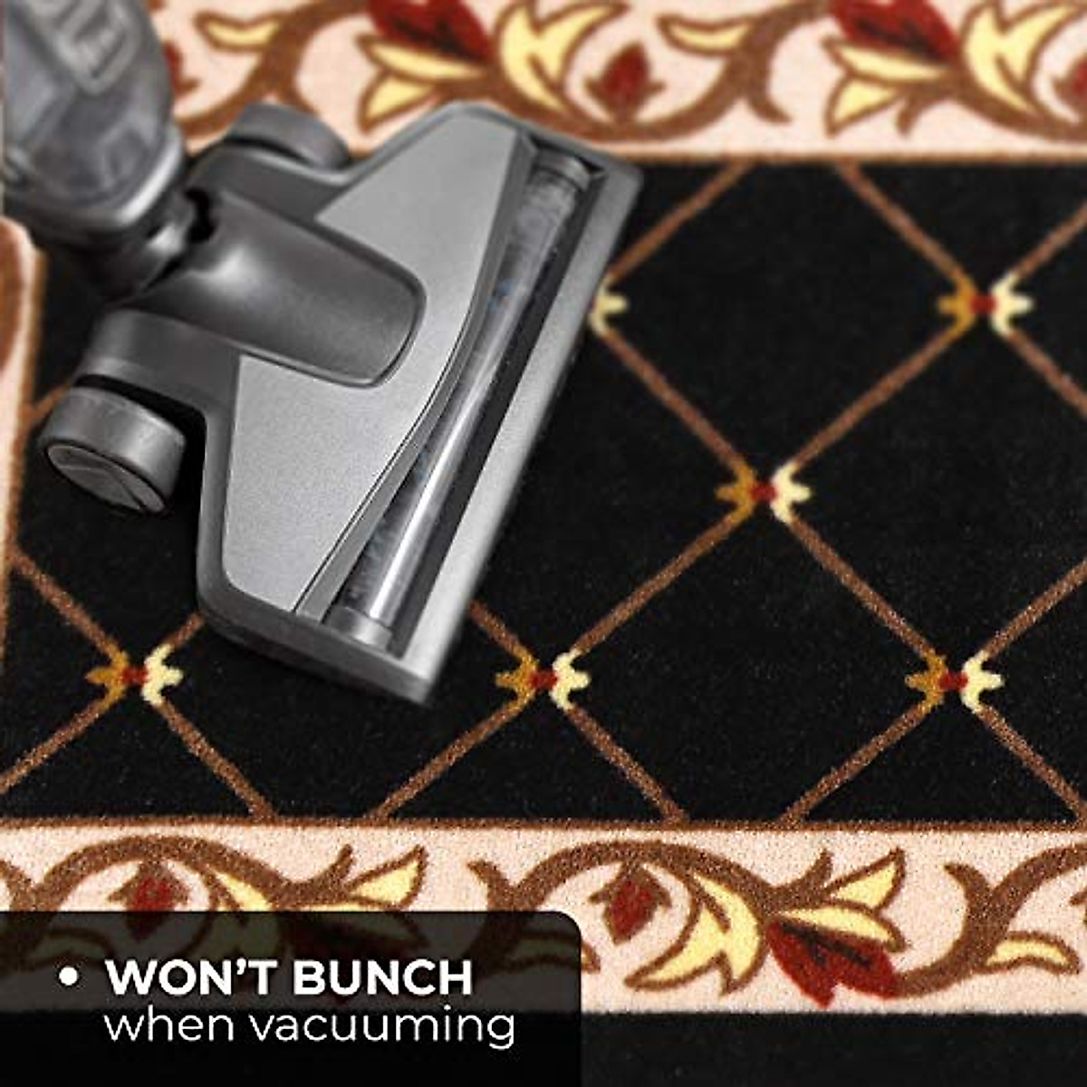 House, Home and More Skid-Resistant Carpet Indoor Area Rug Floor Mat – Traditional Lattice with Floral Border – Ebony Black – 3 Feet X 3 Feet