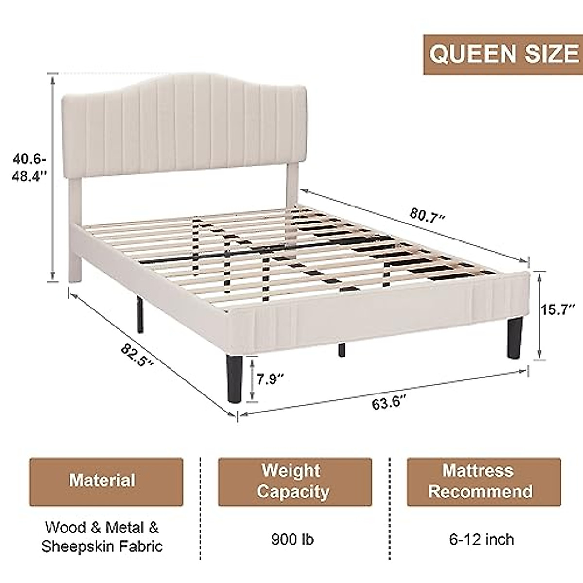 VECELO Upholstered Bed Frame Queen Size, Platform Bed Frame with Adjustable Headboard, Sheepskin Fabric Bed with Strong Wood Slats and 7.9'' Under Bed Space, Noise Free No Box Spring Needed, Beige