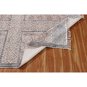 Casavani Hand Block Printed Hand Made Brown, Black Geometric Tassel Rug Cotton Easy Washable Rugs Floor Carpet for Doormat Entryway Living Room Bedroom Hallway Balcony 6x12 Feet Runner