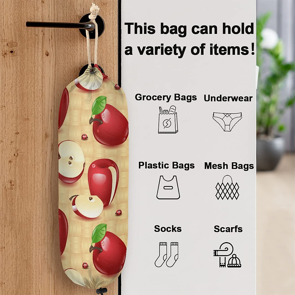 Plastic Bag Holder Red Apples Wall Mount Grocery Bag Holder Wasgable Plastic Bag Dispenser Garbage Bag Organizer for Home Kitchen Decor, Gifts for Women Mom Family Friends