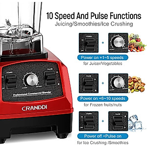 CRANDDI Professional Blender, 1500 Watt Powerful Commercial Blender, Countertop Blender with BPA-FREE 70oz Pitcher, Built-in Pulse & 10-speeds Control, Easy Self-Cleaning, YL-010 (Red)