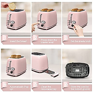 Toaster 2 slice,Retro Stainless Steel Toaster with 6 Settings, 1.5 In Extra Wide Slots, Bagel/Defrost/Cancel Function, Removable Crumb Tray (Baby pink)