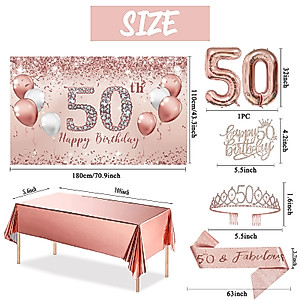 Trgowaul 50th Birthday Decorations Party Set for Women, Rose Gold 50 Birthday Banner and Tablecloth, 50th Fabulous Sash and Tiara, 1PC Happy 50th Birthday Cake Topper, Pink Gold 50 Number Balloons