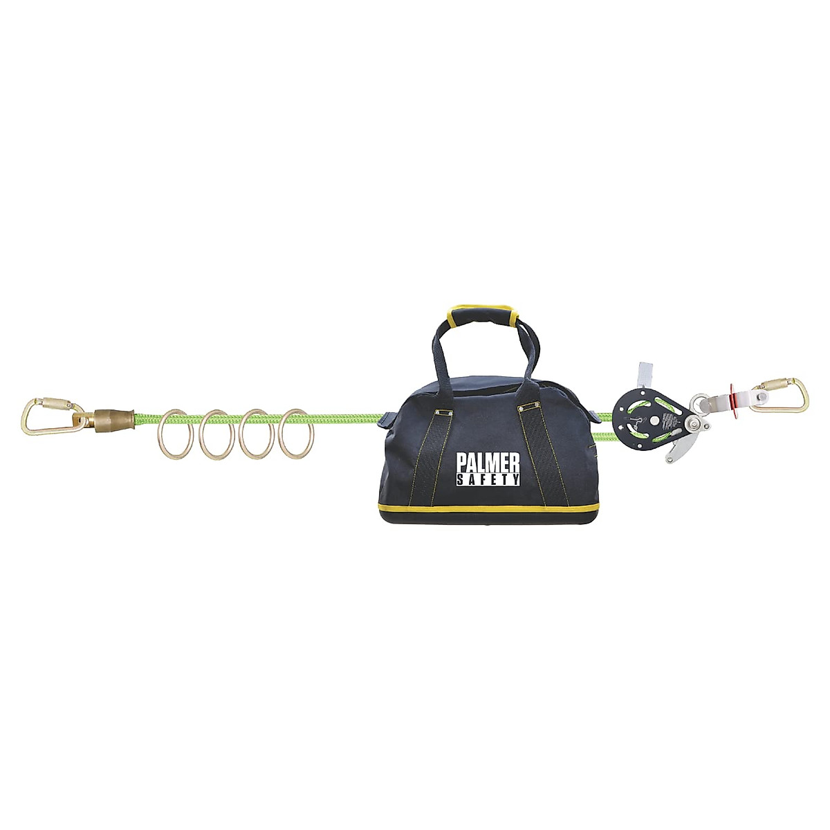 Palmer Safety Horizontal Lifeline System I Temporary 4-Man 100' Rope Hill Lifeline I Kernmantle Rope, Carabiners, Rope Tensioner & Carrying Bag I OSHA ANSI Fall Arrest Kit