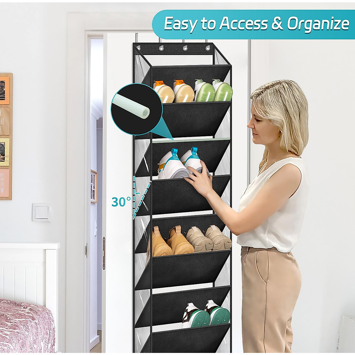 AOODA 10 Tier Clear Over the Door Shoe Organizer Storage, Deep Pockets Large Hanging Shoe Rack for Closet Door, Fit 20 Pairs Shoe Holder Hanger for Sneakers, Boots (Black)