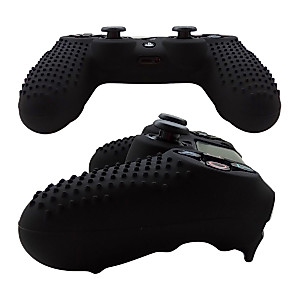 PS4 Controller Grips,Pandaren Studded Anti-Slip Silicone Cover Skin Set Compatible for PS4 /Slim/PRO Controller(Black Skin x 2 + FPS PRO Thumb Grips x 8)