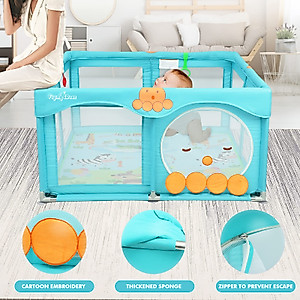 Flying Ideas Baby Playpen with Mat, Cute Baby Play Yards, Baby Playpen for Babies and Toddlers, No Gap Toddler Playpen with Soft-Touch Material, Baby Play Area, 50”×50”, (Blue)