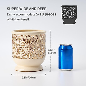 JH JIEMEI HOME Farmhouse Kitchen Utensil Holder for Countertop, Ceramic Large Cooking Utensil Crock with Cork Mat, Decorative Rustic Utensil Holder for Kitchen Counter, Hollow Carving Flower, Beige