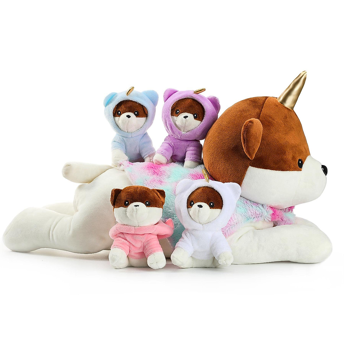 19Inch Plush Puppy Stuffed Animals, Unicorn Gifts Surprise Toys for Girls-Momma Dog with 4pcs Baby Plushie, 5 in 1 Playset