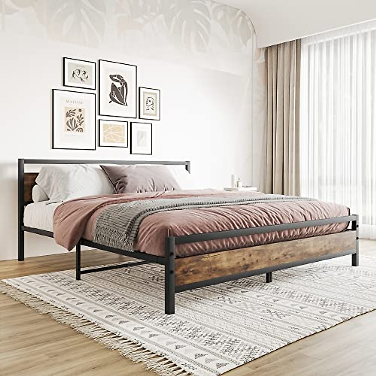 HOJINLINERO King Bed Frame with Headboard,Platform Bed Frame King No Box Spring Needed,Mattress Foundation,Sturdy Steel Slat Support,Easy Assembly,King Size Bed Frame,Black and Rustic Brown