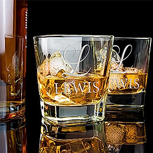 Set of 2 - Whiskey Gifts for Men, Personalized Whiskey Glasses w/ Name & Initial - 9 Designs - 9 oz, Limited Edition Monogrammed Rocks Glasses for Whiskey, Bourbon, Engraved Scotch Glasses - Dad Gifts