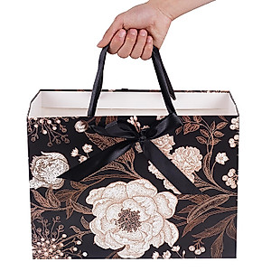 Jaywayang Large Black and Gold Vintage Floral Gift Bag with Card Ribbon and Tissue Paper for Wedding, Bridal Shower, Women Birthday, Mother's day, Anniversary- 12.6" x 10" x 5.1"