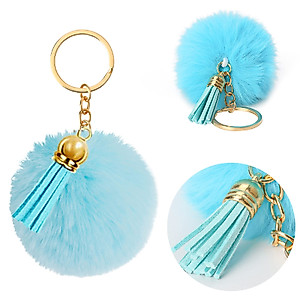 winee 48 pieces Pom Poms Keychains Bulk Puff Ball Keychain Fluffy Soft Artificial Faux Fur Puff Ball Keychain Accessories with Tassels and Keyrings for Women Girls