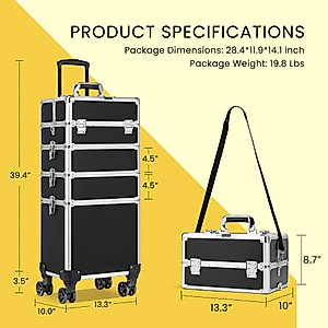VIVOHOME 4 in 1 Makeup Rolling Train Case Aluminum Trolley Professional Cosmetic Organizer Box with Shoulder Straps 2 Keys Black(Cosmetic are not included)