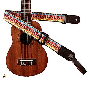 MUSIC FIRST Hawaii Woven Rainbow Adjustable Meshbelt & Genuine Leather Ukulele Strap Shoulder Strap version 2.0 With a Genuine Leather Strap Locker