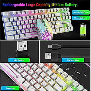 ZIYOU LANG Wireless Gaming Keyboard Mouse and Wired Headphone with Ergonomic 87Key Rainbow Backlight Rechargeable 3800mAh Battery Mechanical Anti-ghosting Mouse pad for PC Laptop Gamer Typist(White)