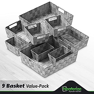 Woven Storage Baskets For Organizing - Set Of 9 Fabric Empty Organizer Bins With Handles - Great Bin For Organization, Linen Closet Shelves & Bathroom Basket. Empty Baskets For Gifts - (Dark Grey)