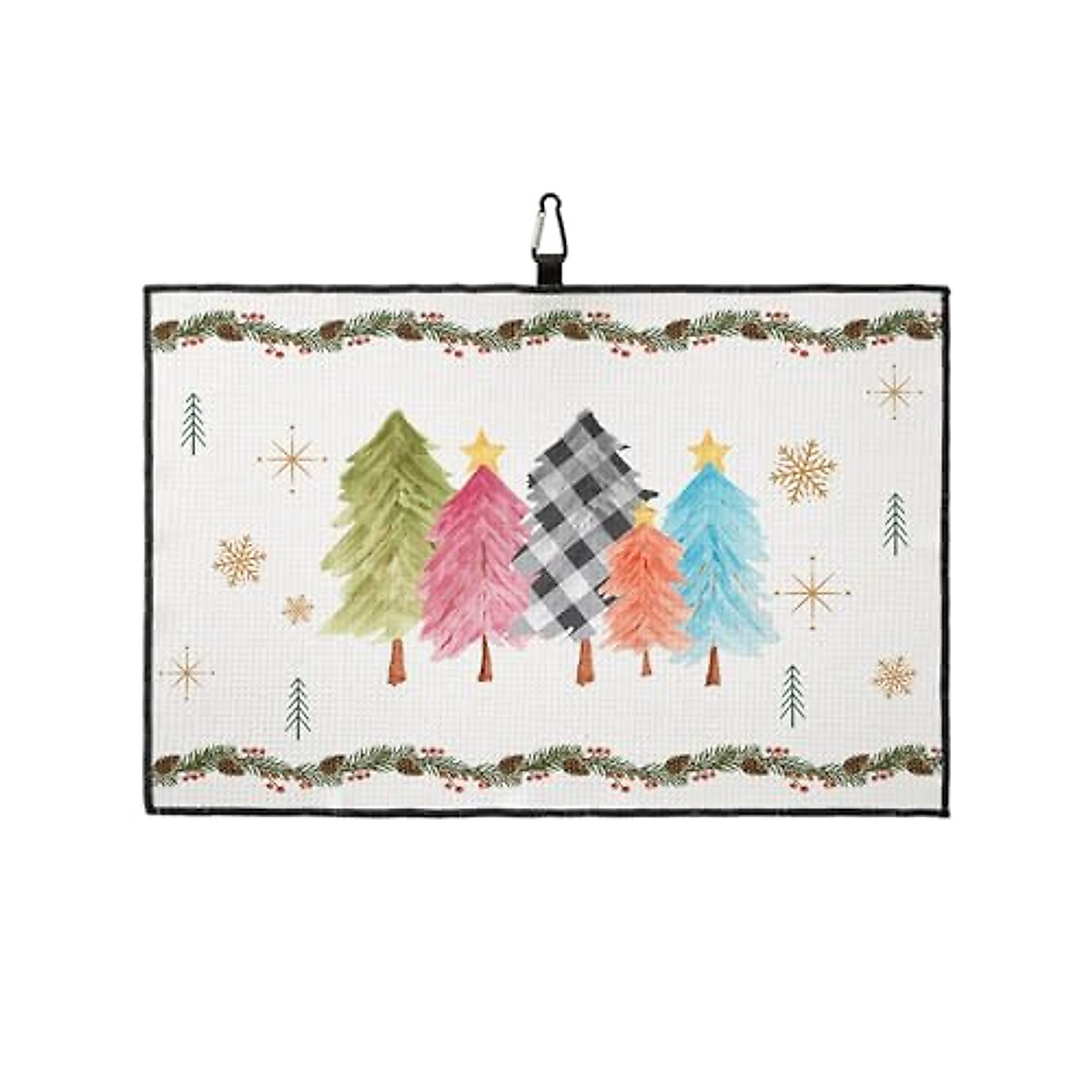Golf Towel Xmas Colored Christmas Tree,Waffle Pattern Microfiber Club Cleaner Golf Towels with Carabiner Clip for Women Men Dad,Golden Snowflake Pine Cone Golf Towel for Golf Bags Accessories,24x16in