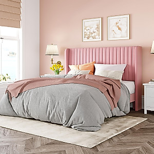 Allewie Full Size Velvet Bed Frame/Vertical Channel Tufted Wingback Headboard/Upholstered Platform Bed/Strong Wooden Slats/No Box Spring Needed/Easy Assembly/Pink