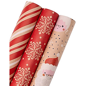 WRAPAHOLIC Kraft Christmas Wrapping Paper Roll - Mini Roll - 3 Rolls - 17 Inch X 120 Inch Per Roll - Red and White Santa Claus, Snowflake Holiday Collection with Faint Fragrance