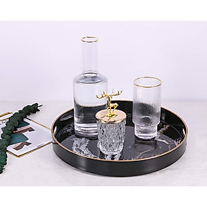 Zosenley Round Decorative Tray, Marbling Plastic Tray with Handles, Modern Vanity Tray and Serving Tray for Ottoman, Coffee Table, Kitchen and Bathroom, Size 13", Black